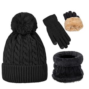 womens winter beanie hat scarf and gloves set girls cable beanies with pompom infinity scarf knitted touch screen gloves sets ladies black knit thick warm soft fleece lined thermal cap