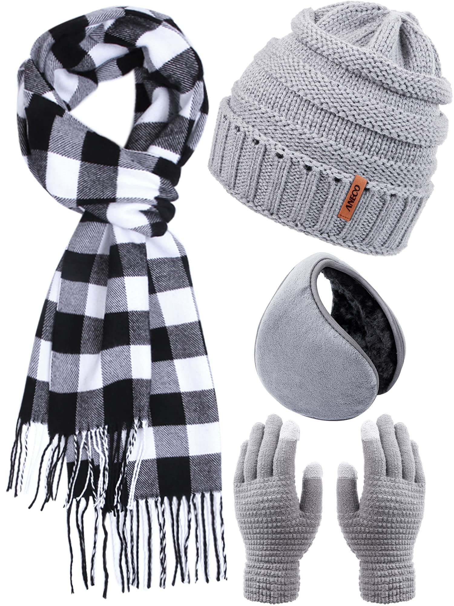 Aneco Winter Warm Knitted Sets Buffalo Plaid Scarf Beanie Hat Touch Screen Gloves and Winter Ear Warmer Set for Men or Women