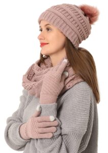 double couple 3pcs winter beanie hat scarf and touch screen gloves set for women knit hat with faux fur ball scarves glove pink