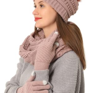 Double Couple 3pcs Winter Beanie Hat Scarf and Touch Screen Gloves Set for Women Knit Hat with Faux Fur Ball Scarves Glove Pink