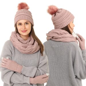 Double Couple 3pcs Winter Beanie Hat Scarf and Touch Screen Gloves Set for Women Knit Hat with Faux Fur Ball Scarves Glove Pink