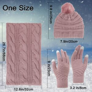 Double Couple 3pcs Winter Beanie Hat Scarf and Touch Screen Gloves Set for Women Knit Hat with Faux Fur Ball Scarves Glove Pink