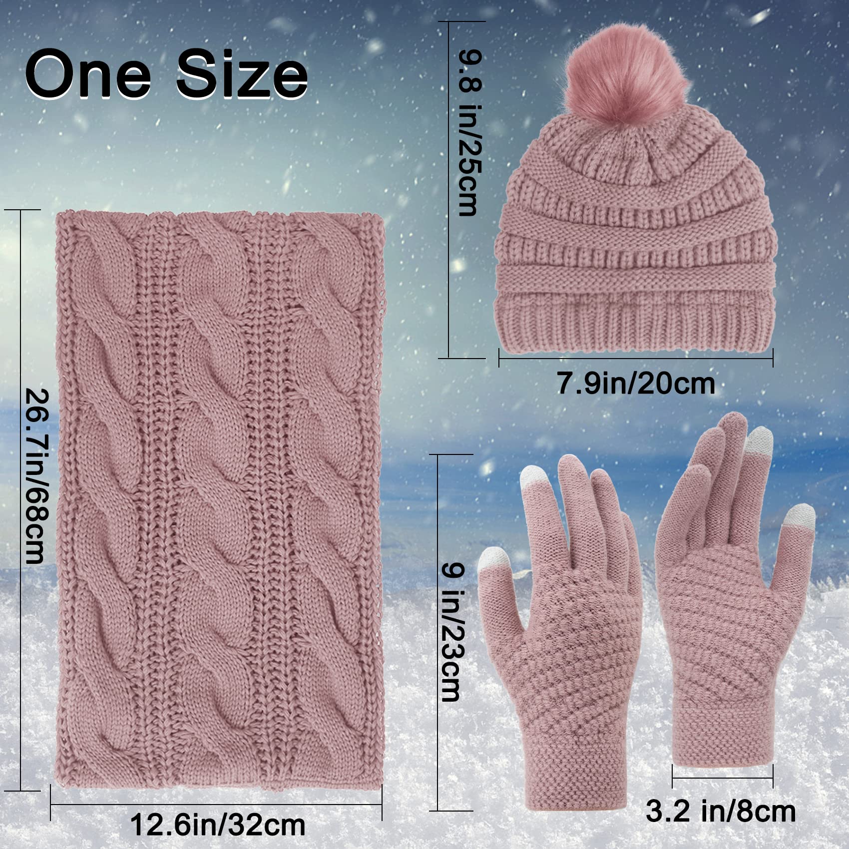 Double Couple 3pcs Winter Beanie Hat Scarf and Touch Screen Gloves Set for Women Knit Hat with Faux Fur Ball Scarves Glove Pink