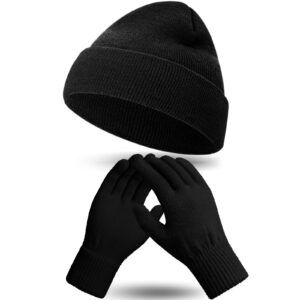 2 pcs shiny match winter beanie hat gloves set, soft knitted hat stretchy gloves warm skull cap set for women men gifts (black)