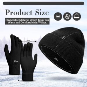 2 Pcs Shiny Match Winter Beanie Hat Gloves Set, Soft Knitted Hat Stretchy Gloves Warm Skull Cap Set for Women Men Gifts (Black)