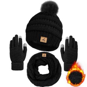 winter beanie hat scarf gloves set, soft warm knit hat warm touchscreen gloves neck warmer thick knitted scarves for women black