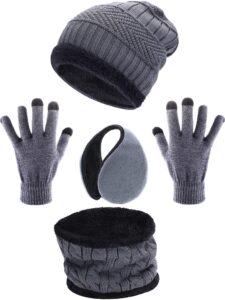 tatuo 4 pcs winter hat and gloves set for men and women and kids ski warm fleece knit beanie hat warmer scarf earmuff(grey)