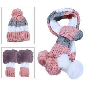 Women Girls Knit Beanie Hat Scarf and Gloves Set,Winter Fleece Lined Beanie Knit Hat with Pompom,Half Gloves and Long Scarf