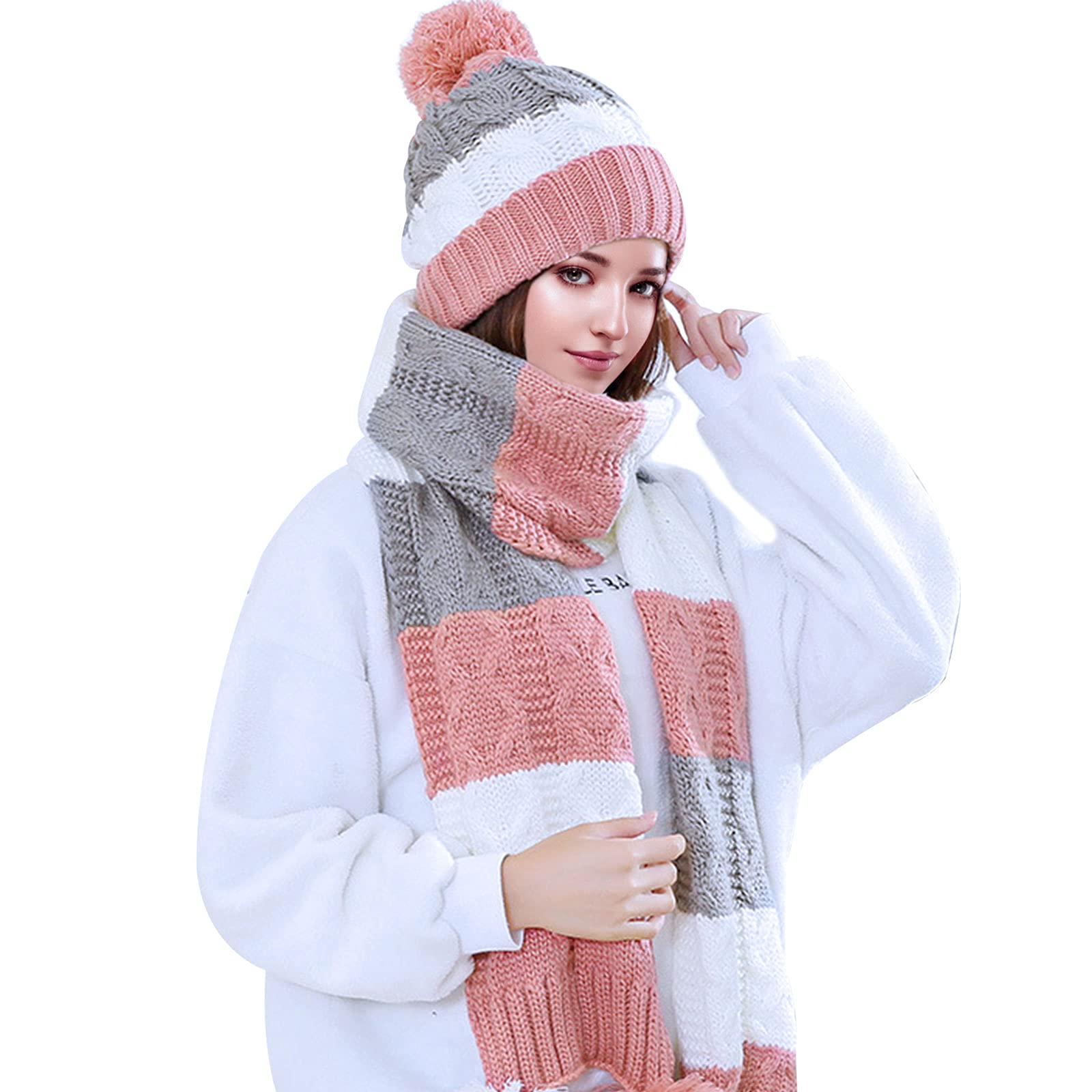 Women Girls Knit Beanie Hat Scarf and Gloves Set,Winter Fleece Lined Beanie Knit Hat with Pompom,Half Gloves and Long Scarf