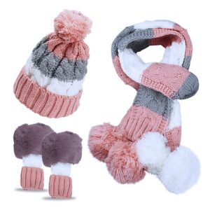 Women Girls Knit Beanie Hat Scarf and Gloves Set,Winter Fleece Lined Beanie Knit Hat with Pompom,Half Gloves and Long Scarf