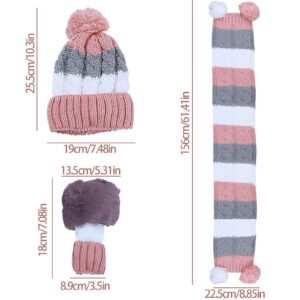 Women Girls Knit Beanie Hat Scarf and Gloves Set,Winter Fleece Lined Beanie Knit Hat with Pompom,Half Gloves and Long Scarf