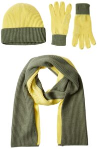 amazon essentials unisex adults' knit hat, scarf and gloves set, pack of 3, light military green/light yellow, one size