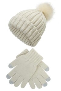 muryobao 2 pcs womens winter knitted beanie hat touch screen gloves set warm knit cuffed skull cap with faux fur pom beige