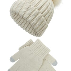 Muryobao 2 Pcs Womens Winter Knitted Beanie Hat Touch Screen Gloves Set Warm Knit Cuffed Skull Cap with Faux Fur Pom Beige