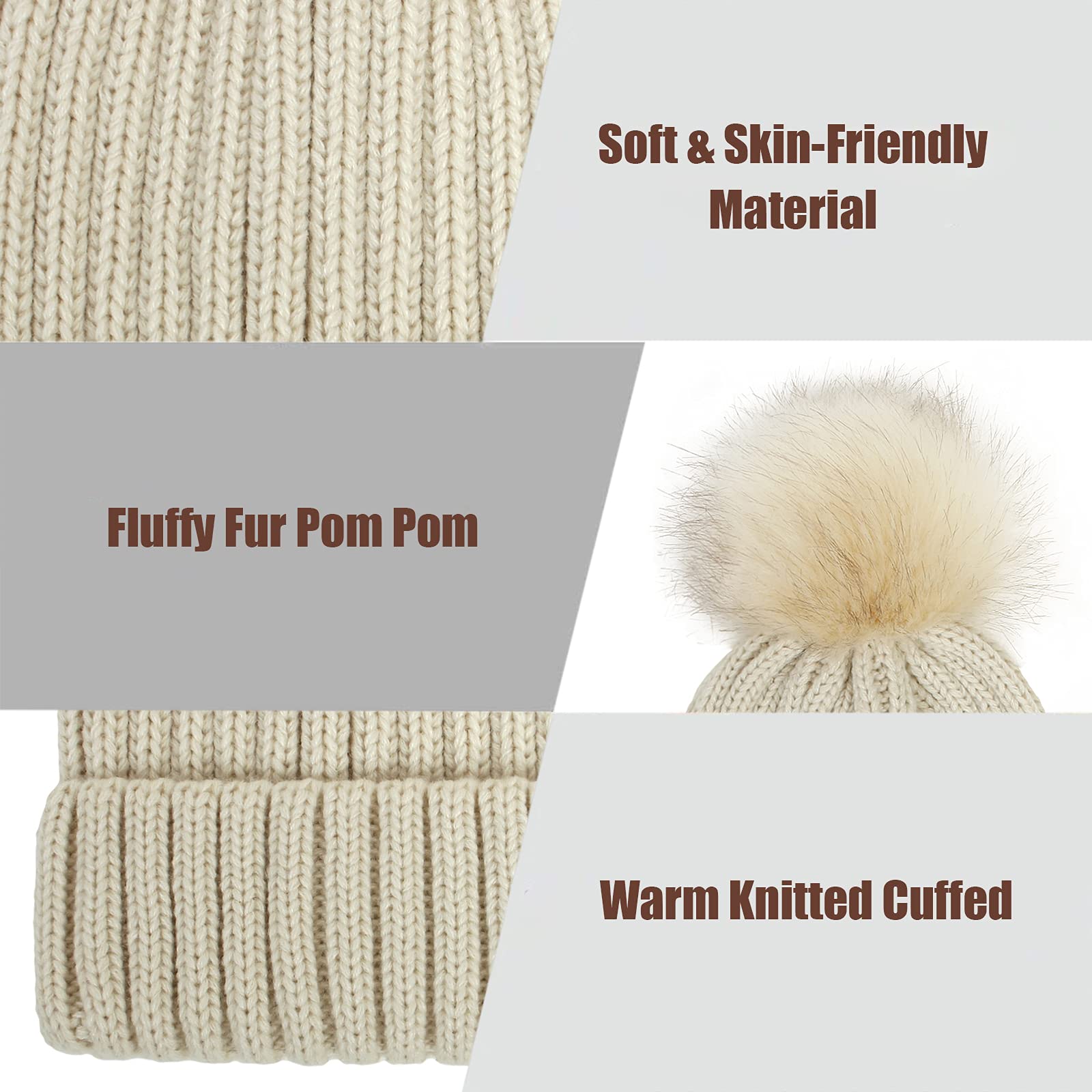 Muryobao 2 Pcs Womens Winter Knitted Beanie Hat Touch Screen Gloves Set Warm Knit Cuffed Skull Cap with Faux Fur Pom Beige