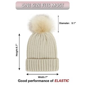 Muryobao 2 Pcs Womens Winter Knitted Beanie Hat Touch Screen Gloves Set Warm Knit Cuffed Skull Cap with Faux Fur Pom Beige