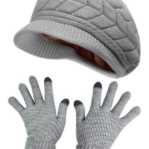 HINDAWI Womens Winter Hat and Gloves Set for Girls Wool Knit Skull Cap with Visor,Grey