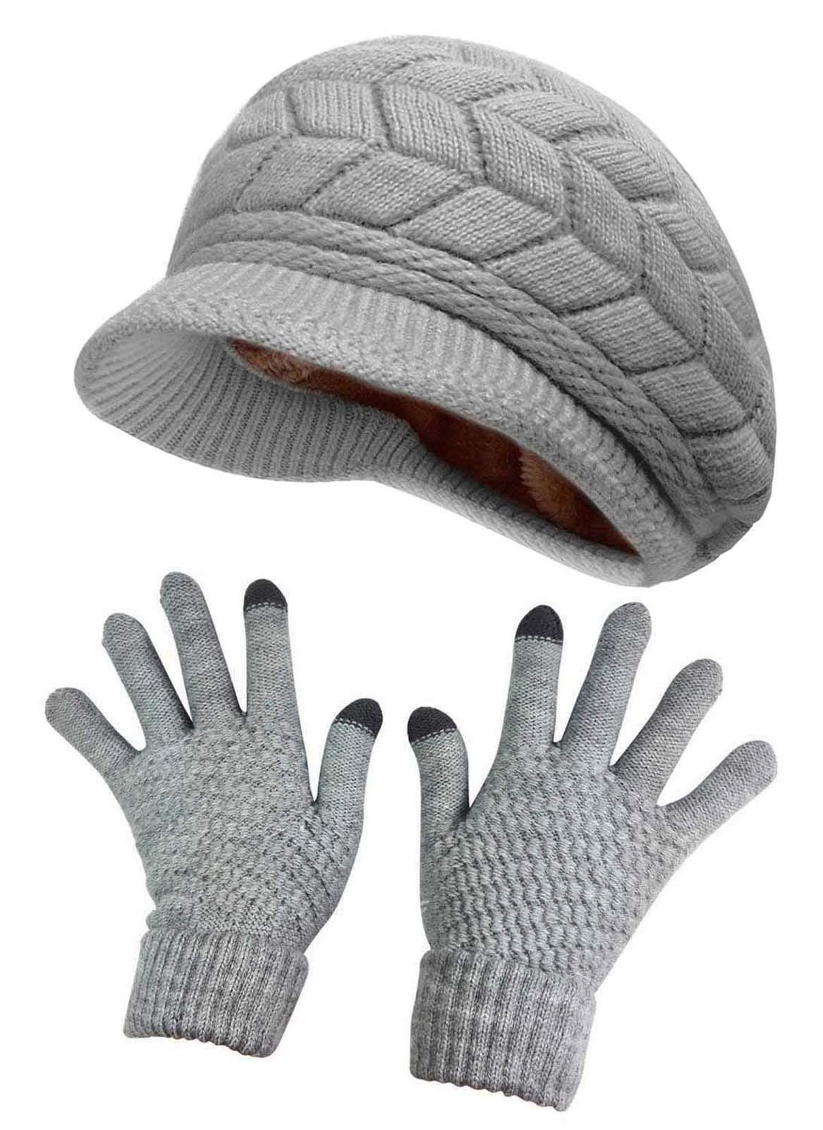 HINDAWI Womens Winter Hat and Gloves Set for Girls Wool Knit Skull Cap with Visor,Grey