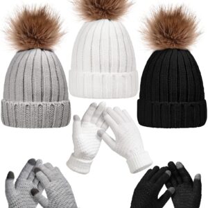 6 Pieces Women Knitted Winter Hat Glove Set Skull Cap Beanie Touchscreen Gloves Texting Gloves for Women (Black, White, Grey)