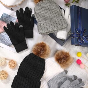 6 Pieces Women Knitted Winter Hat Glove Set Skull Cap Beanie Touchscreen Gloves Texting Gloves for Women (Black, White, Grey)