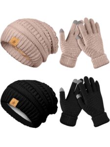 suhine 4 pcs winter hat and gloves for women slouchy beanie hats knitted touchscreen gloves warm winter sets for women girls (black, caramel)