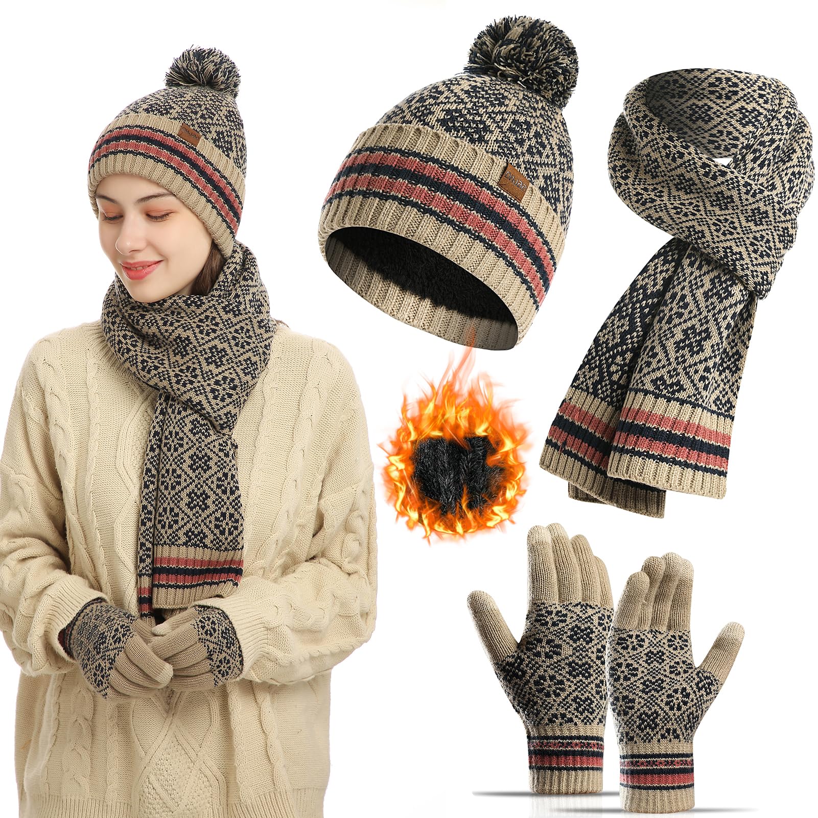 Winter Hat Winter Scarf Touch Screen Winter Gloves Set with for Women,Beanie Hat,Knit Cap Set(Khaki)