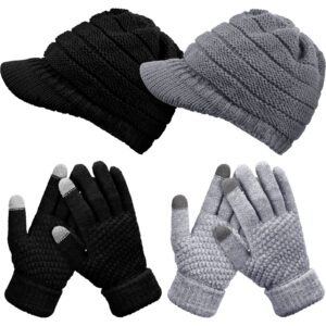 jagely 2 sets winter hats gloves for women knit beanie slouchy winter brim hat women touchscreen glove winter beanie with brim (black, gray)