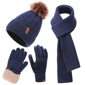 womens winter beanie hat scarf and gloves set girls cable beanies with pompom knitted scarf touch screen gloves sets for cold weather ladies navy blue knit thick warm soft fleece lined thermal cap