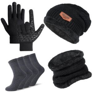 winter beanie hat scarf and gloves set, warm fleece lined knit cap neck warmer socks touch screen gloves set for men women, a-black