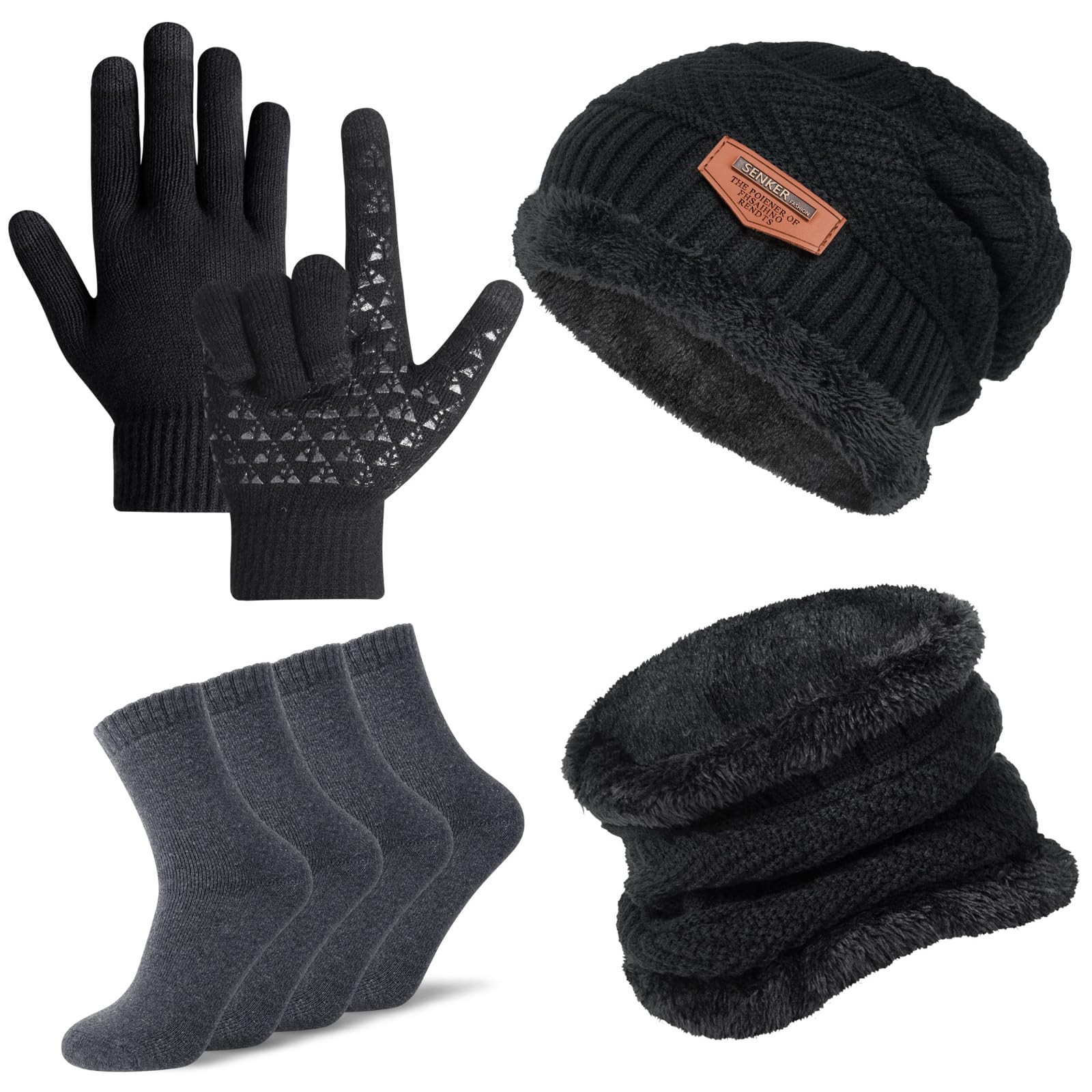 Winter Beanie Hat Scarf and Gloves Set, Warm Fleece Lined Knit Cap Neck Warmer Socks Touch Screen Gloves Set for Men Women, A-Black