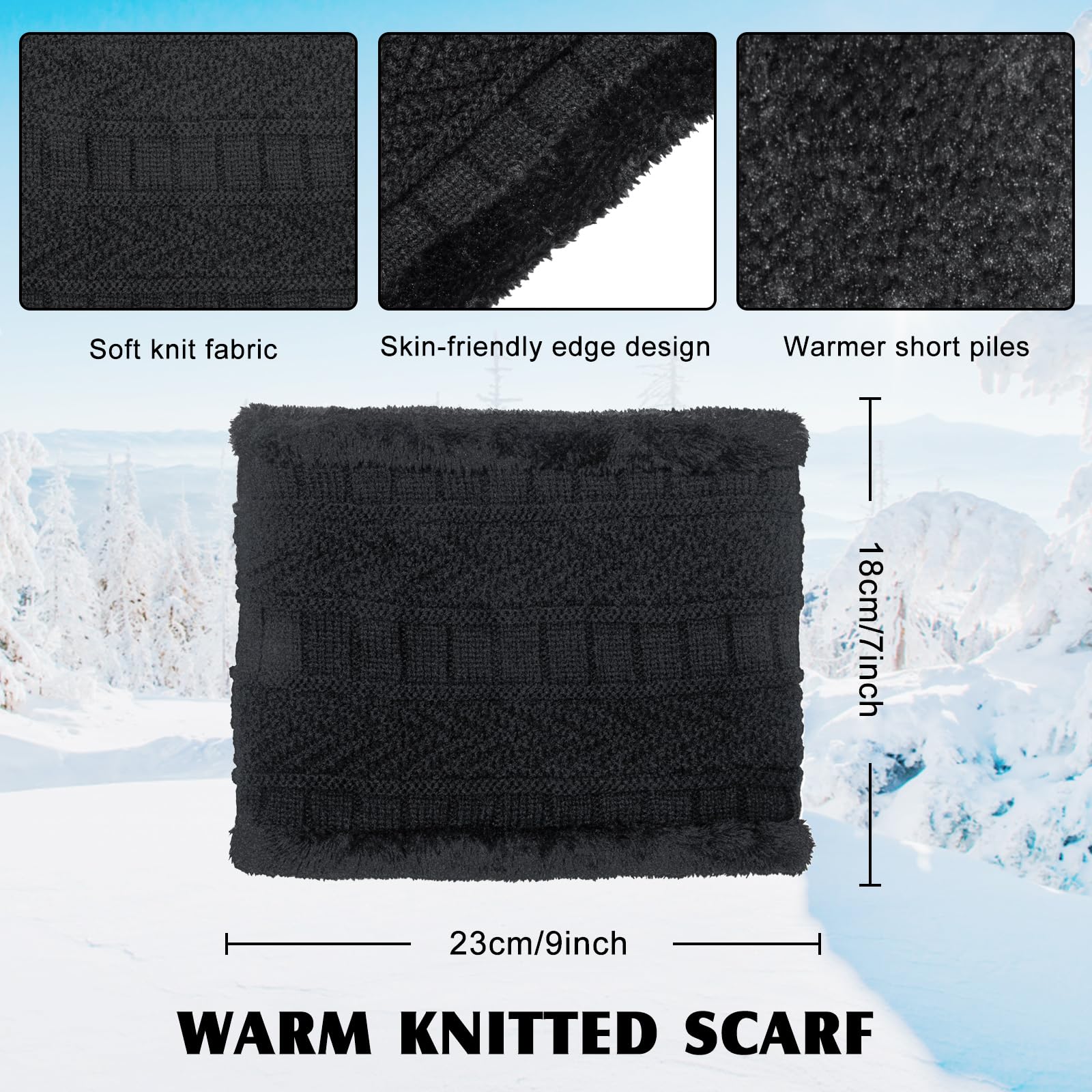 Winter Beanie Hat Scarf and Gloves Set, Warm Fleece Lined Knit Cap Neck Warmer Socks Touch Screen Gloves Set for Men Women, A-Black