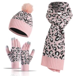 ecodudo 3 pieces beanie hat long scarf touch screen gloves set leopard print skull cap with pom warm acrylic lined scarf and glove for women (pink)