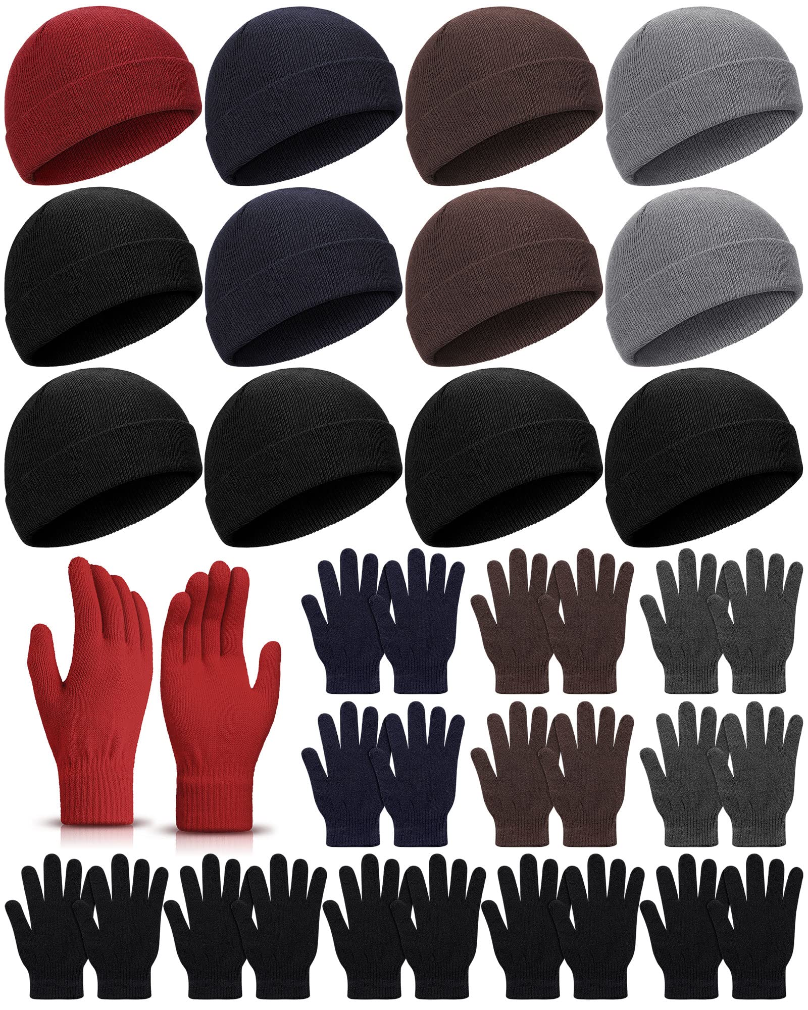 24 Pack Winter Beanies Gloves Cold Weather Unisex Hat Warm Knit Gloves Beanies in Bulk for Men Women, Warm Gift (Black)