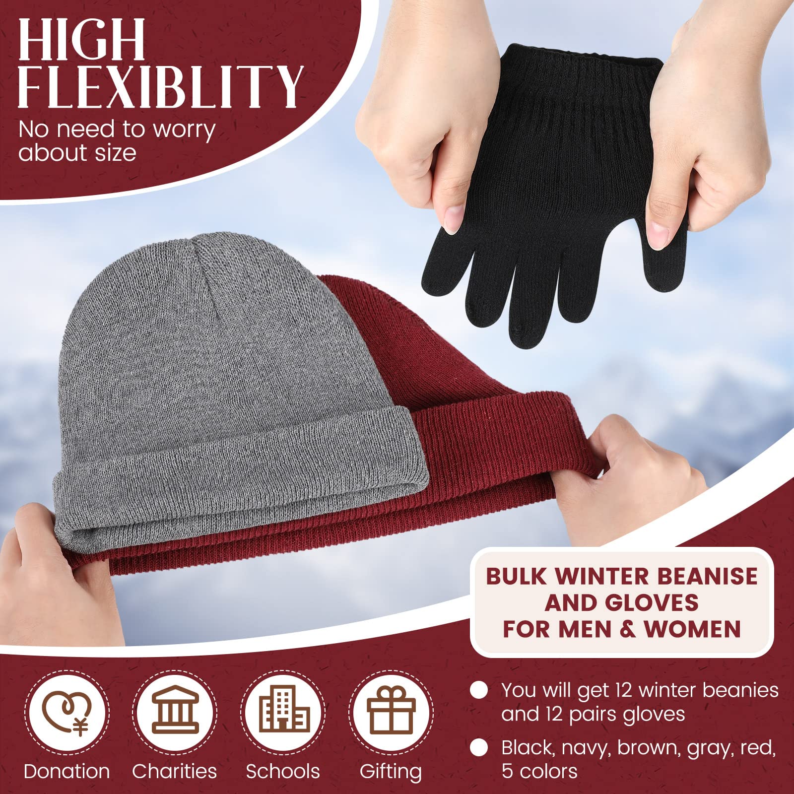 24 Pack Winter Beanies Gloves Cold Weather Unisex Hat Warm Knit Gloves Beanies in Bulk for Men Women, Warm Gift (Black)