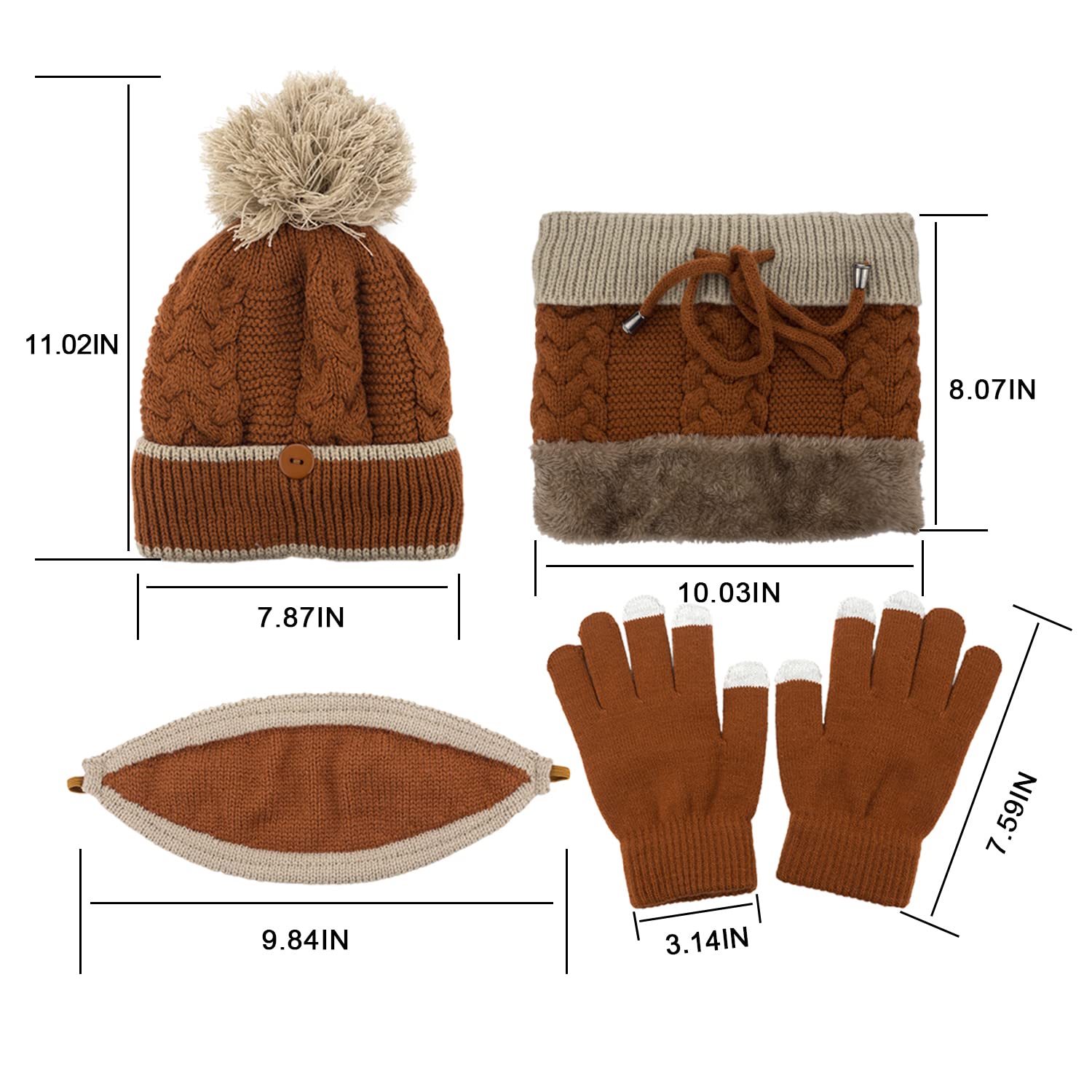 Winter Knit Beanie Hat Scarf Set with Face Cover Touchscreen Gloves for Women, Pom Slouchy Skull Cap with Fleece Lined