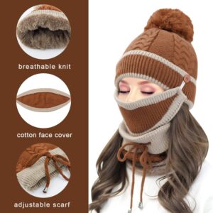 Winter Knit Beanie Hat Scarf Set with Face Cover Touchscreen Gloves for Women, Pom Slouchy Skull Cap with Fleece Lined