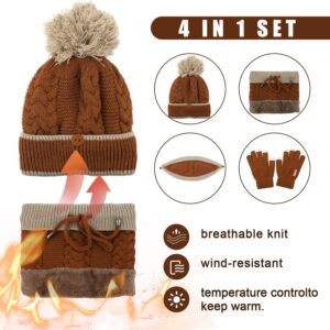 Winter Knit Beanie Hat Scarf Set with Face Cover Touchscreen Gloves for Women, Pom Slouchy Skull Cap with Fleece Lined