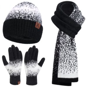 womens winter knit beanie hats and touchscreen gloves long scarf set with warm fleece lined skull caps gloves scarves for women