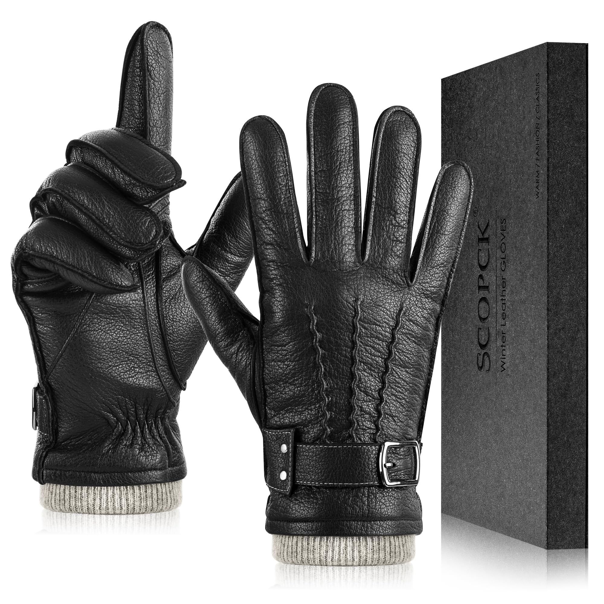 Genuine Sheepskin Leather Gloves for Men, Winter Warm Touchscreen Texting Driving Motorcycle Cashmere Lined Gloves (Black, L)