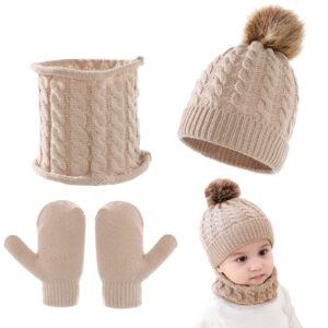 3pcs baby beanie hat scarf gloves set infant knitted cap winter warm gloves toddler neck warmer for boys girls 0-3 years (khaki)