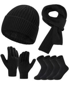 winter beanie hat gloves scarf set for men, warm fleece knitted hat scarf touchscreen gloves and wool socks (black)