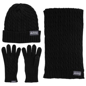 jeep men's and women's 3 piece cable knit scarf, beanie, and gloves set-unisex one size fits most, black