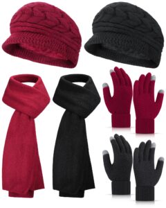 6 pcs winter hat gloves scarf set for women warm knitted beanie hat mittens scarves slouchy visor hats scarf gloves (black, date red)