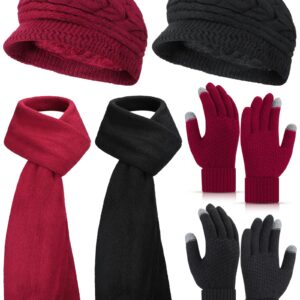 6 Pcs Winter Hat Gloves Scarf Set for Women Warm Knitted Beanie Hat Mittens Scarves Slouchy Visor Hats Scarf Gloves (Black, Date Red)