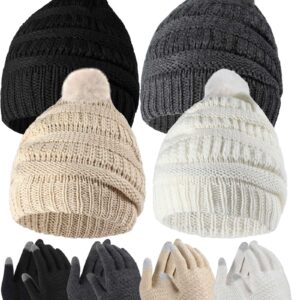 Suhine 8 Pcs Winter Beanie Hat and Gloves Set for Women Pompom Beanie Hat Fleece Lined Hats with Women Touchscreen Gloves, 4 Colors