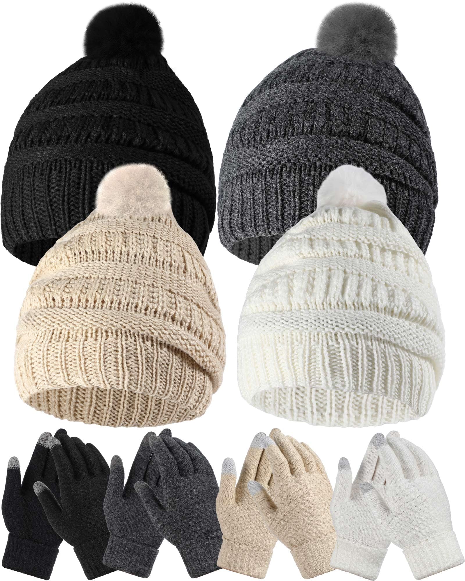 Suhine 8 Pcs Winter Beanie Hat and Gloves Set for Women Pompom Beanie Hat Fleece Lined Hats with Women Touchscreen Gloves, 4 Colors