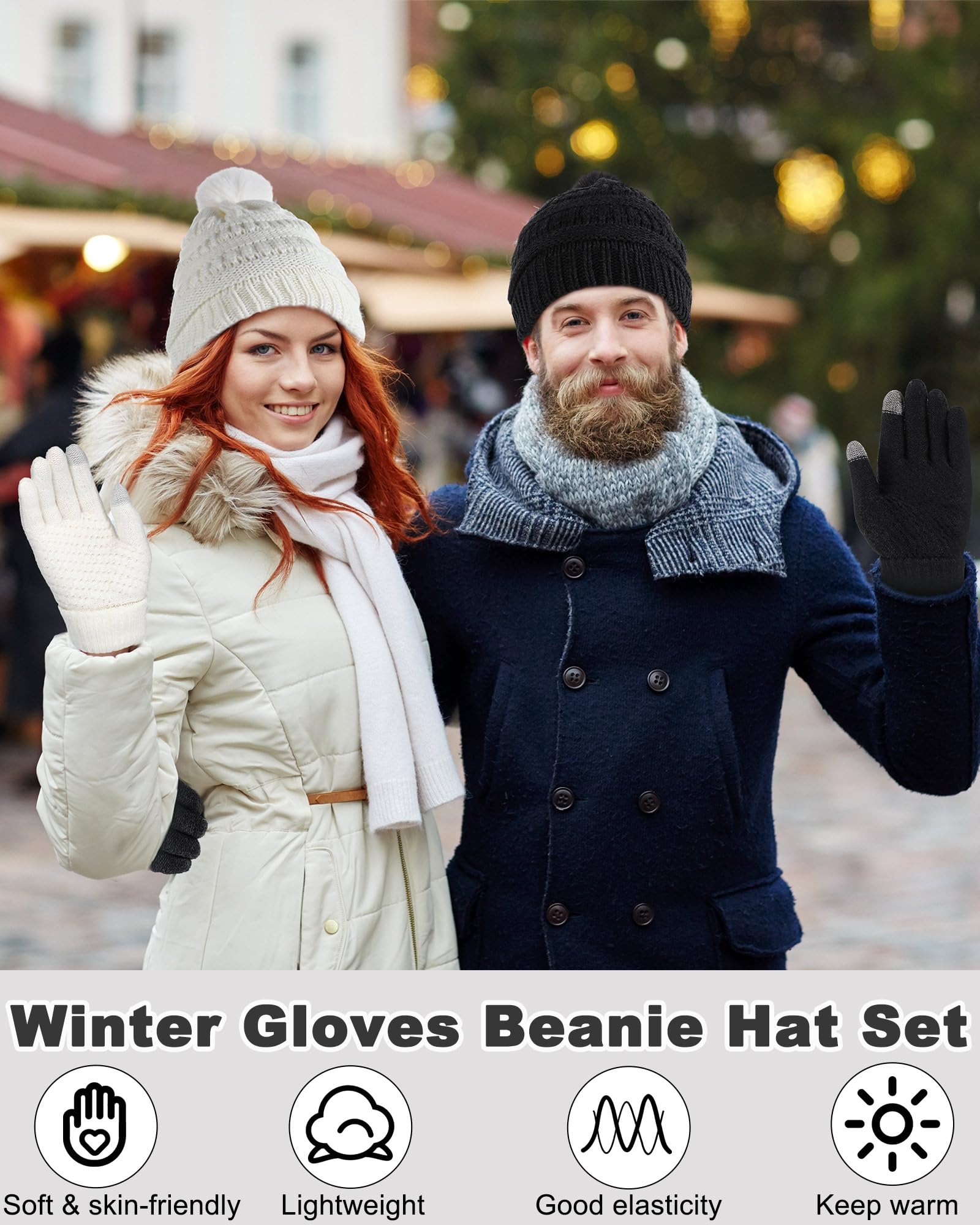 Suhine 8 Pcs Winter Beanie Hat and Gloves Set for Women Pompom Beanie Hat Fleece Lined Hats with Women Touchscreen Gloves, 4 Colors