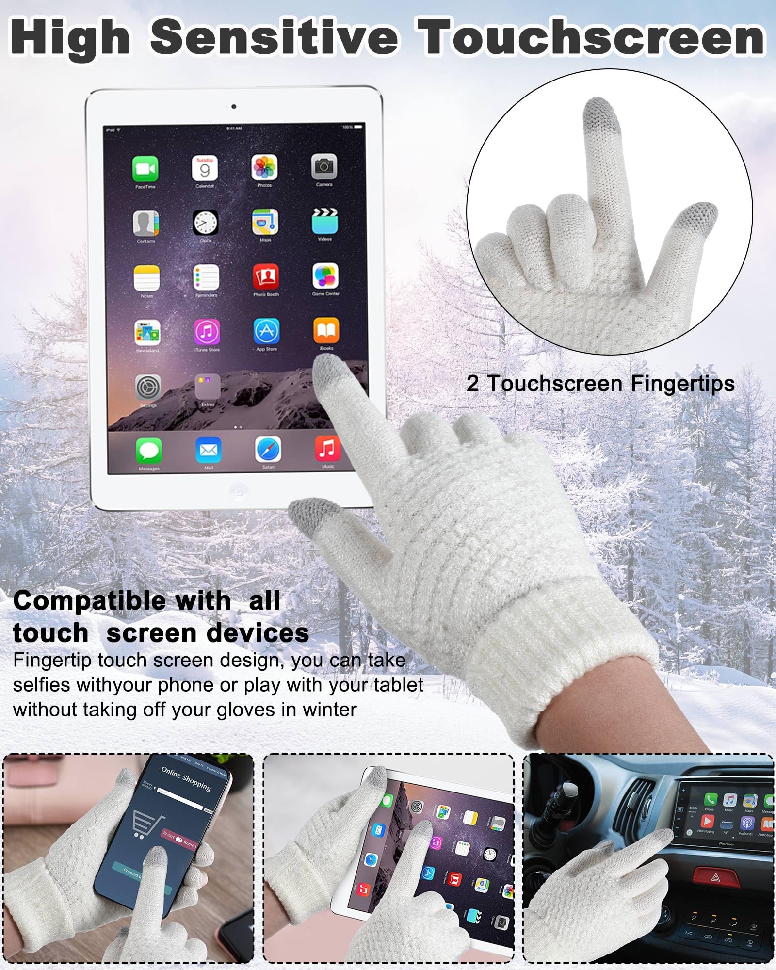 Suhine 8 Pcs Winter Beanie Hat and Gloves Set for Women Pompom Beanie Hat Fleece Lined Hats with Women Touchscreen Gloves, 4 Colors