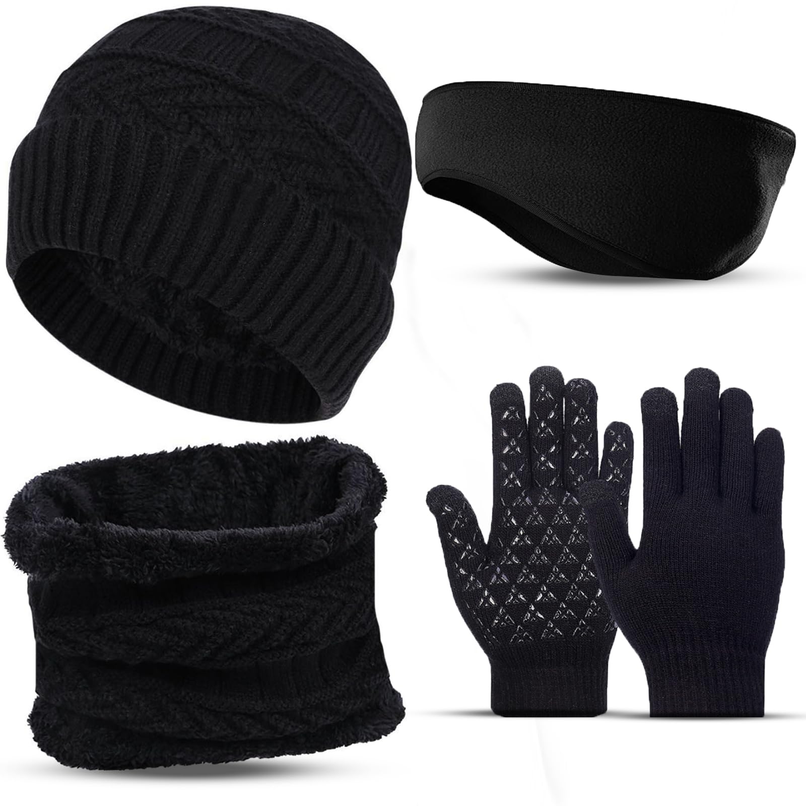 Winter Beanie Hat Scarf Gloves Set, Includes Beanie Hat,Touchscreen Gloves, Neck Warmer,Ear Warmer Set for Men and Women (Black)