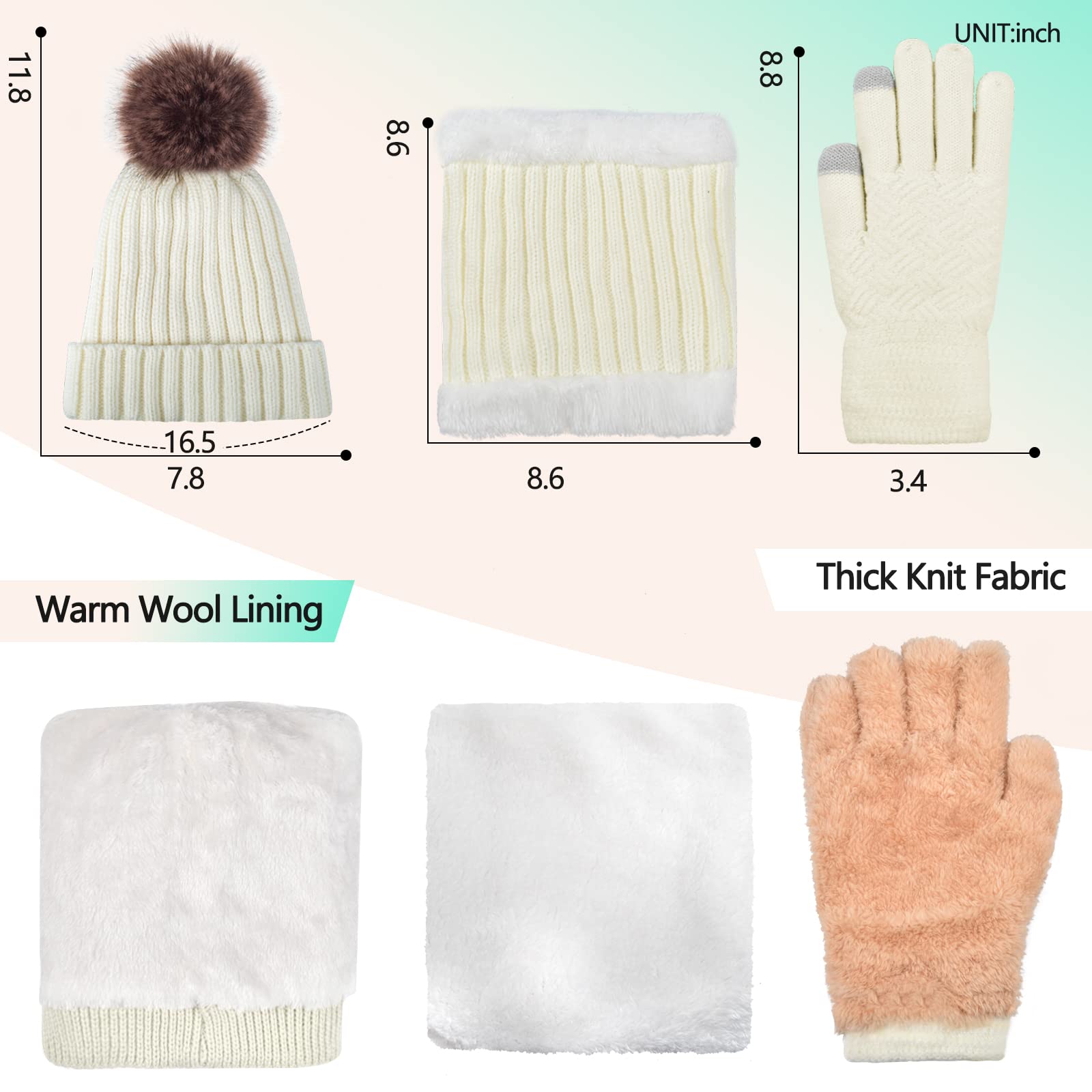 Women Winter Beanie Hat Scarf Touchscreen Gloves Set White, Warm Fleece Lining with Cute Pom Pom Cold Weather Soft Fashion Knitted Cap Lady